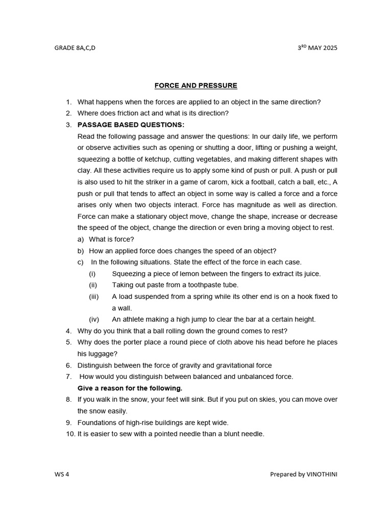 Force and Pressure WS4 | PDF