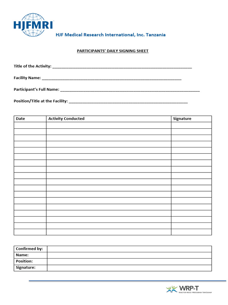 Participants' Daily Signing Sheet - Monthly Based Activities | PDF