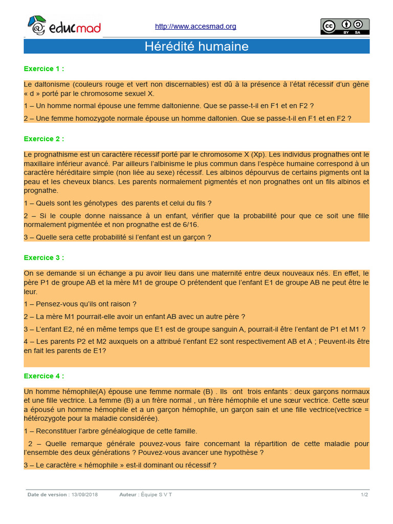 Exercices sur l'hérédité humaine | PDF | Dominance (Génétique) | Génotype