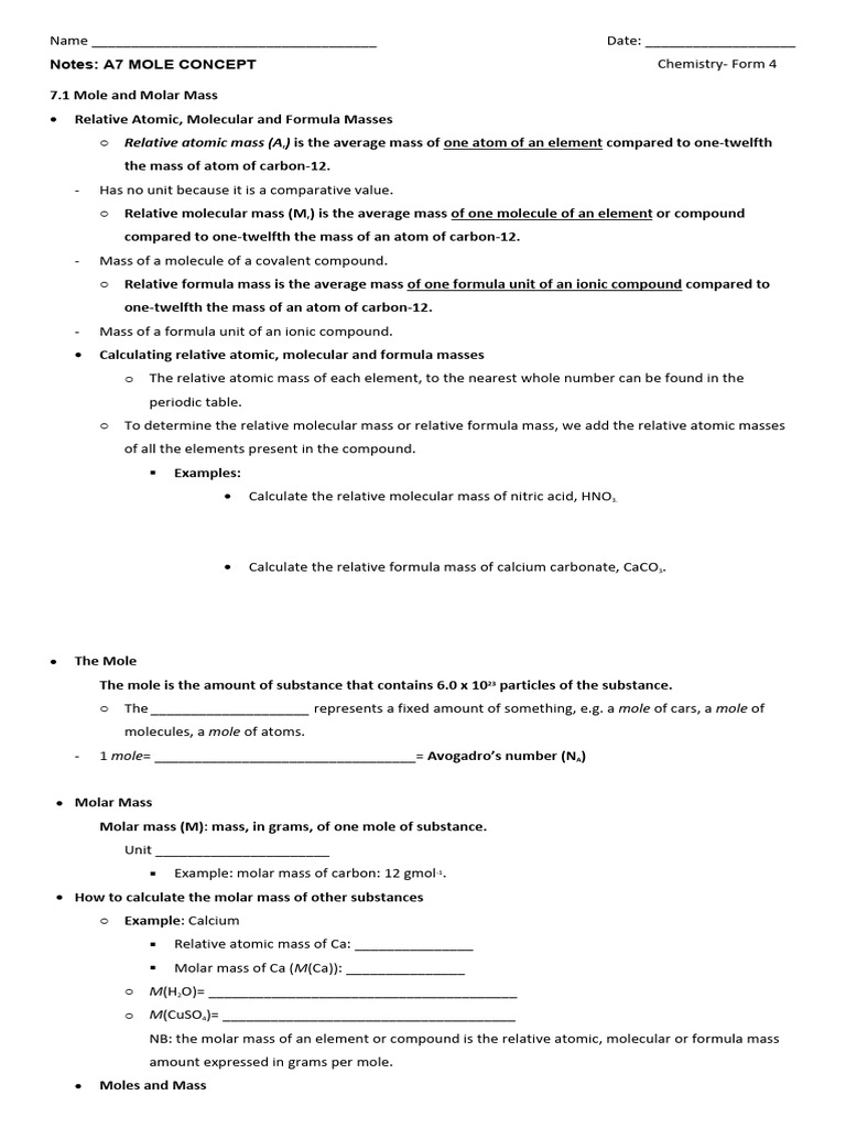 3.mole ConceptA7.1 (Notes1) | PDF | Mole (Unit) | Molecules