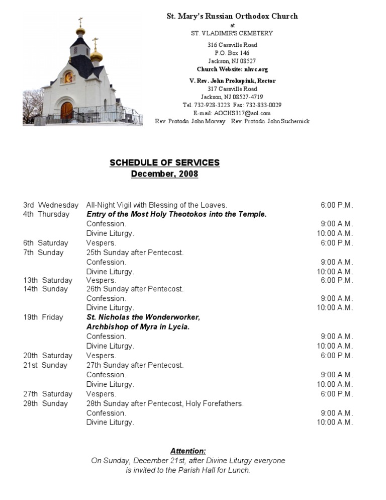St. Mary's Orthodox Church Service Schedule | PDF | Pentecost | Anglicanism