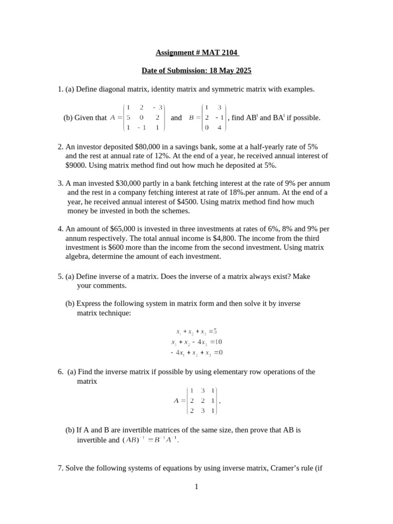 Assignment Linear Algebra 1 | PDF | Matrix (Mathematics) | Eigenvalues ...