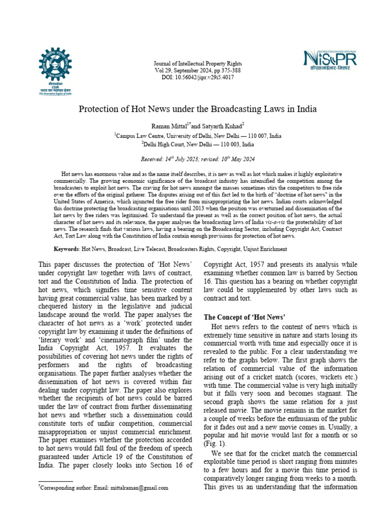 Hot News Protection in Indian Broadcasting | PDF | Fair Dealing | Copyright