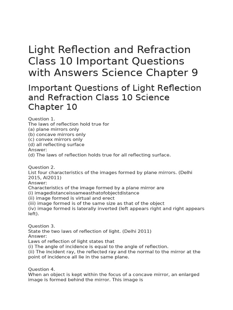 Class 10 Light Question | PDF | Mirror | Electromagnetic Spectrum