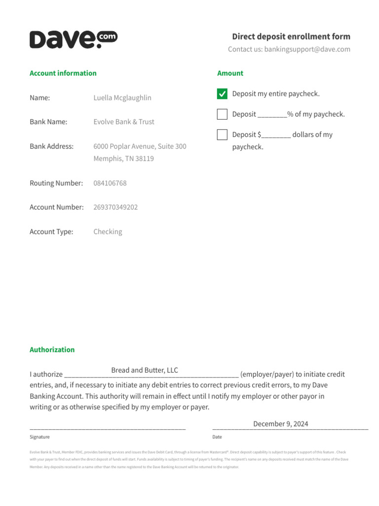 Dave Banking Direct Deposit Enrollment Form | PDF | Banks | Paycheck