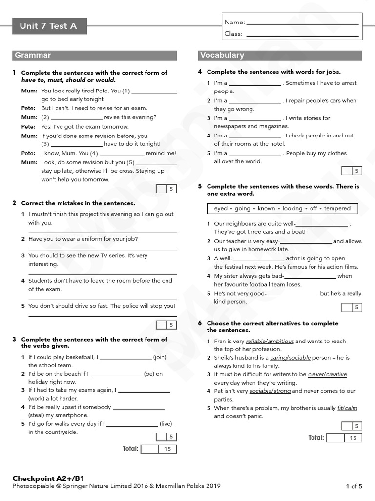 Checkpoint A2+ B1 Unit 7 Test A | PDF