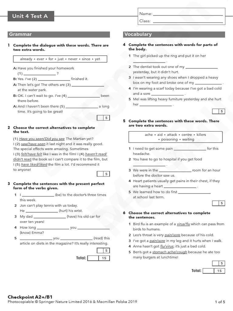 Checkpoint A2+ B1 Unit 4 Test A | PDF | Snoring | Influenza
