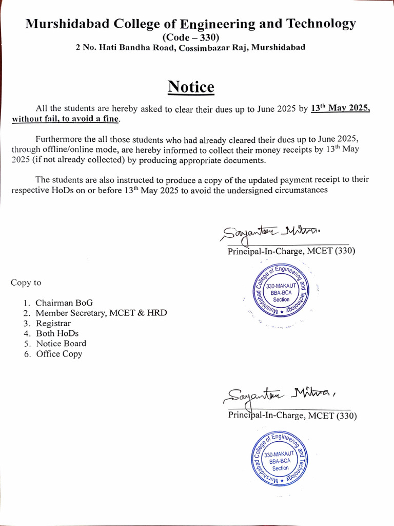 Notice For Fees Payment June 2025 | PDF