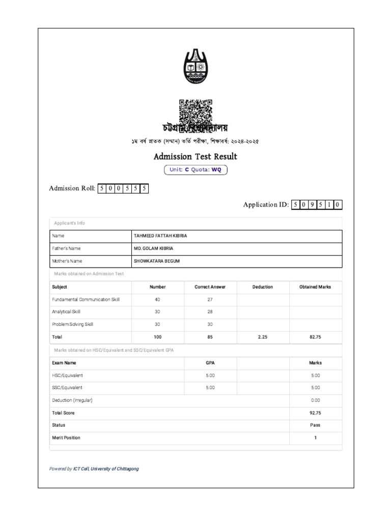 CU Admission Test Result 2024-2025 | PDF