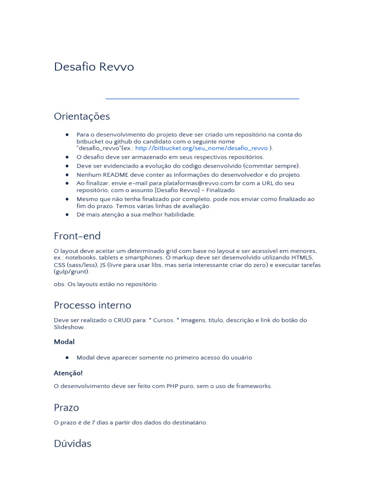 Desafio Revvo - Front End - Back End - Full Stack | PDF