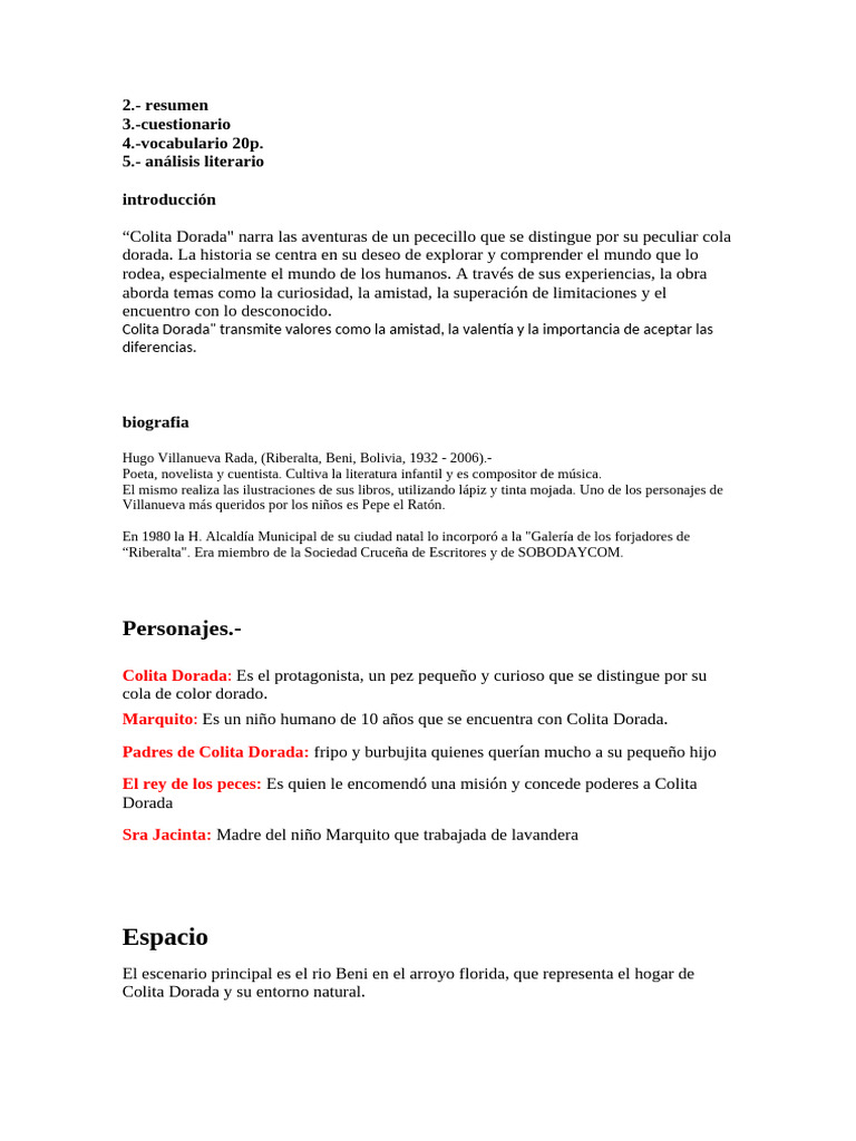 Resumen de "Colita Dorada" y personajes | PDF