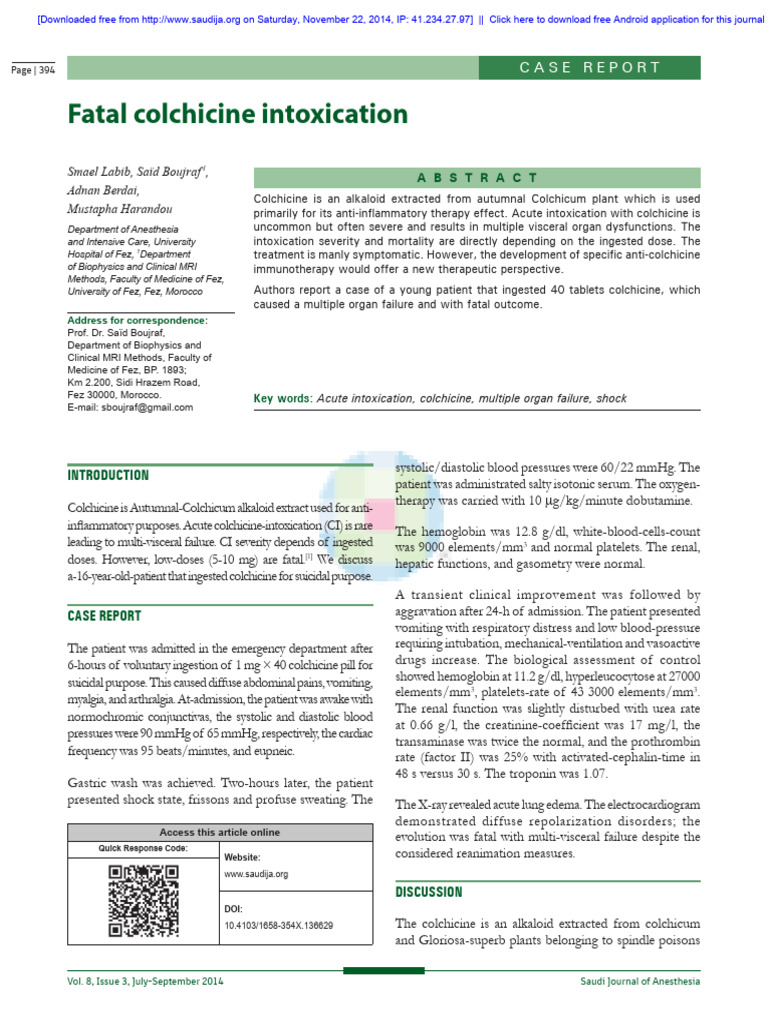 Fatal Colchicine Intoxication Case Study | PDF | Blood Pressure | Dose ...