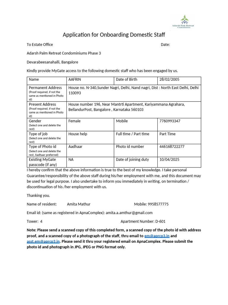 Domestic Staff Onboarding Request Form - Ver 2.5 | PDF