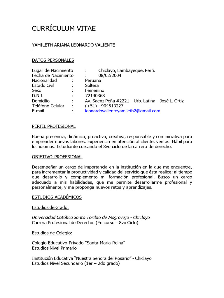 CV Yamileth Leonardo Valiente | PDF