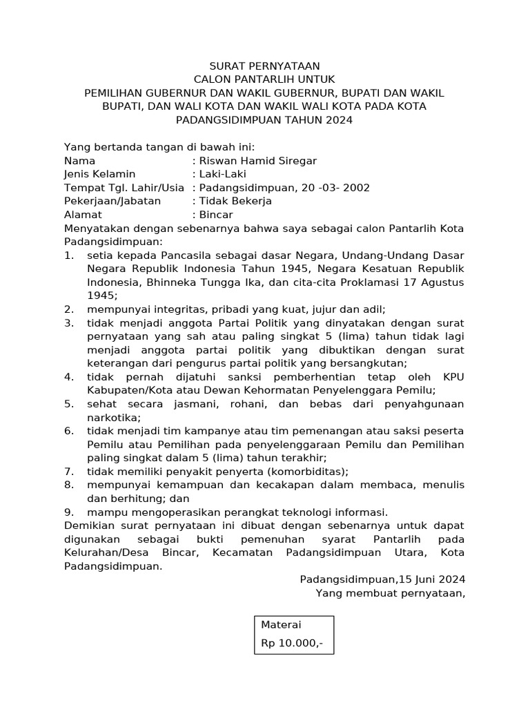 Surat Pernyataan Riswan | PDF