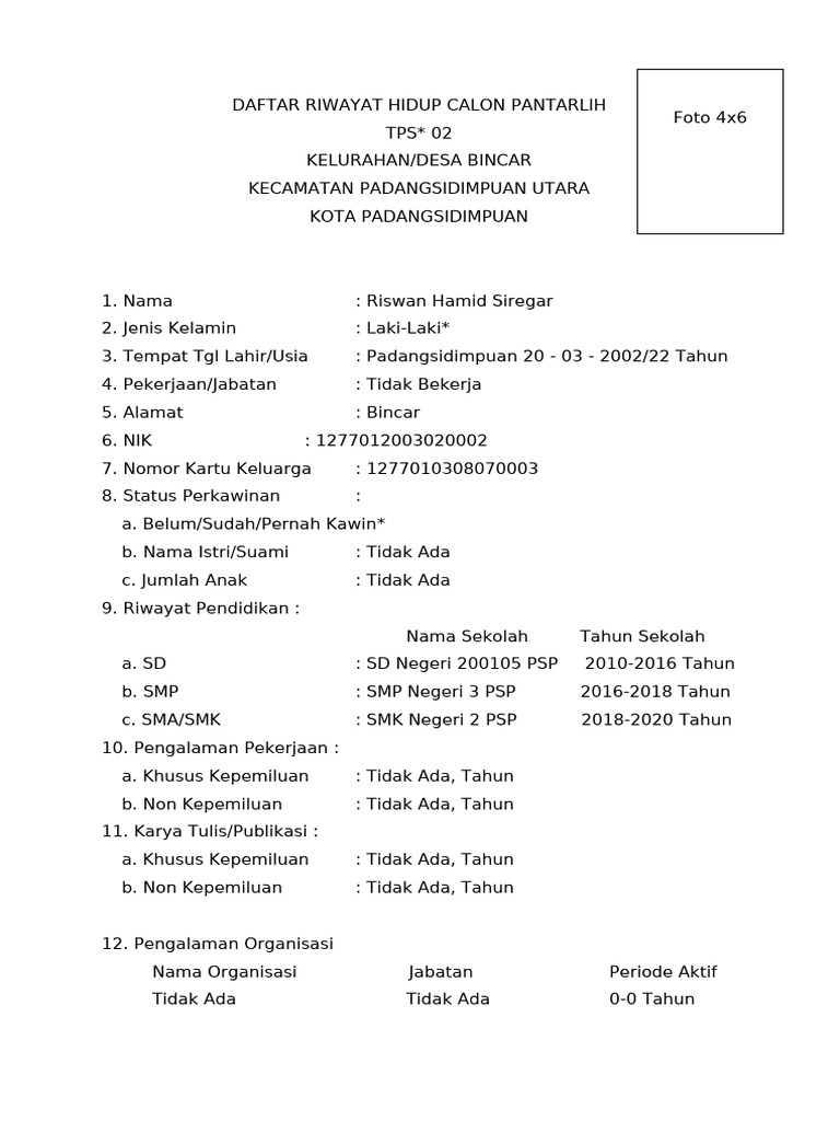 DAFTAR RIWAYAT HIDUP CALON PANTARLIH RISWAN | PDF