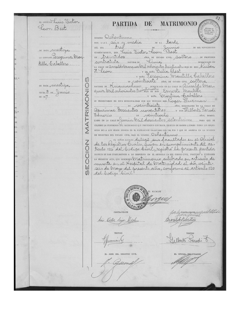 Partida de Matrimonio Srs. Luis Victor y Peregrina Mantilla | PDF