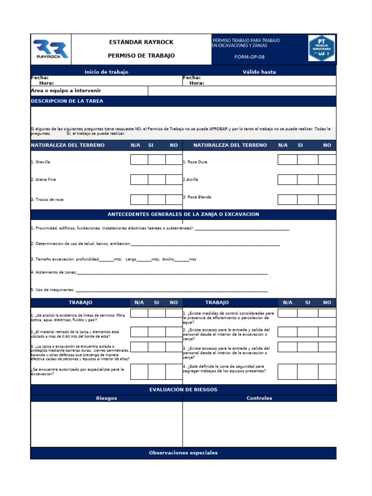FORM-OP-07 PT Permiso para Excavaciones y Zanjas | PDF