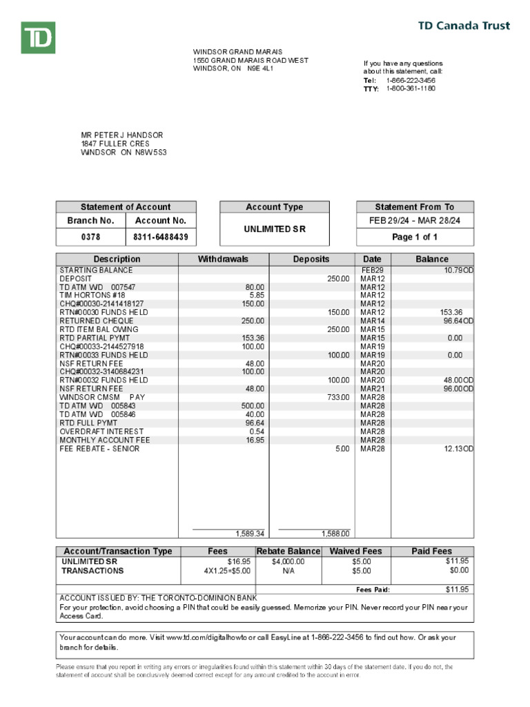 TD Statement March | PDF | Fee | Overdraft