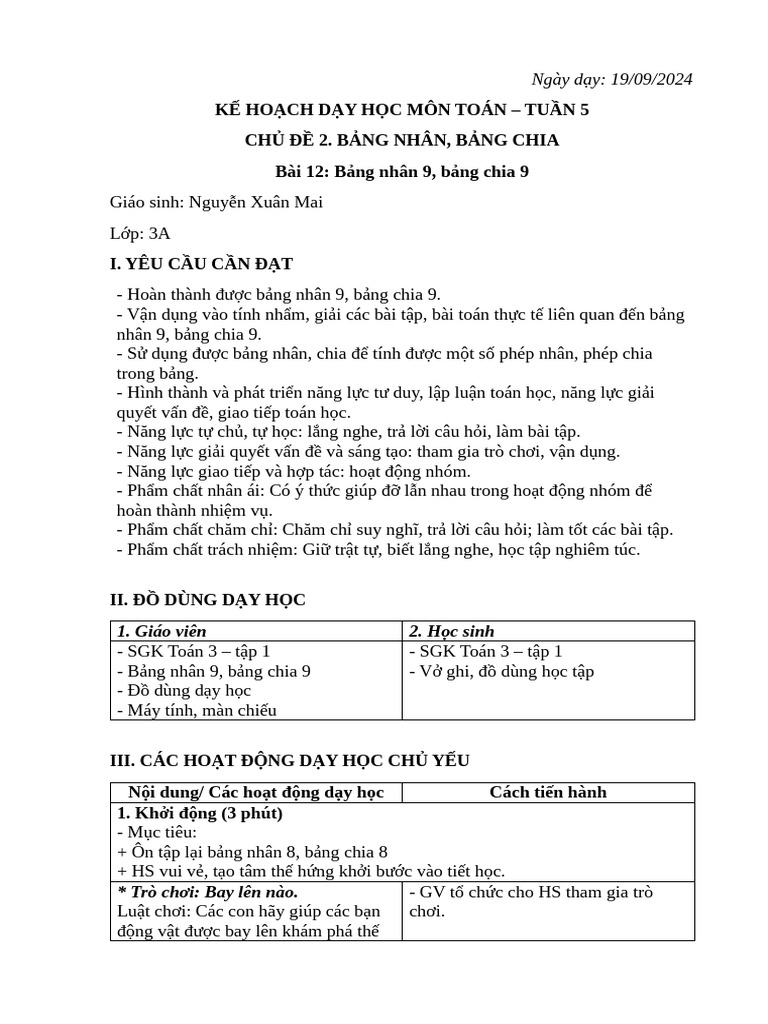 KHDH Toán 3-B NG Nhân Chia 9 | PDF