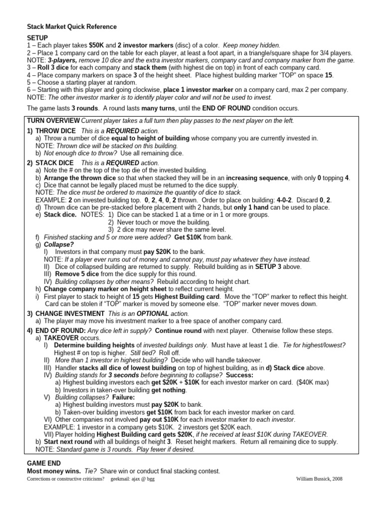 Stack Market Quick | PDF | Dice | Games Of Chance