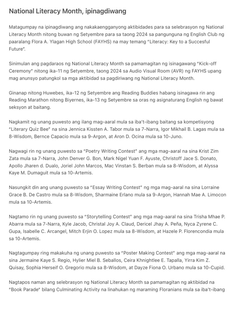 National Literacy Month, Ipinagdiwang | PDF