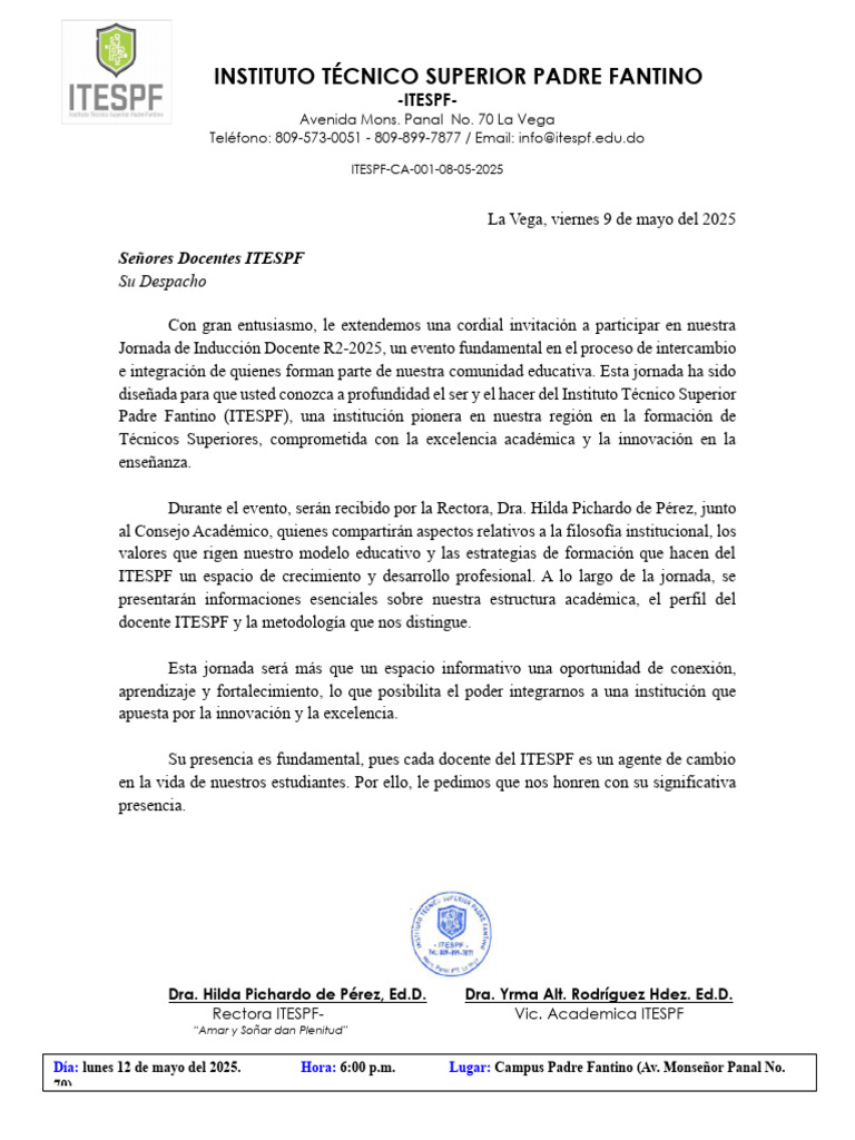 Carta Invitacion Jornada de Induccion Docente r2 2025 Enviar | PDF | Maestros | Aprendizaje