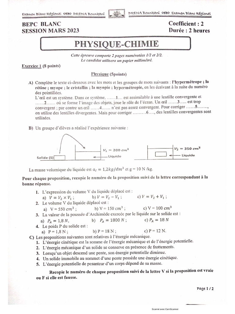 BEPC BLANC REGIONAL PC BOUNA AVRIL 2023+BAREME - Removed | PDF