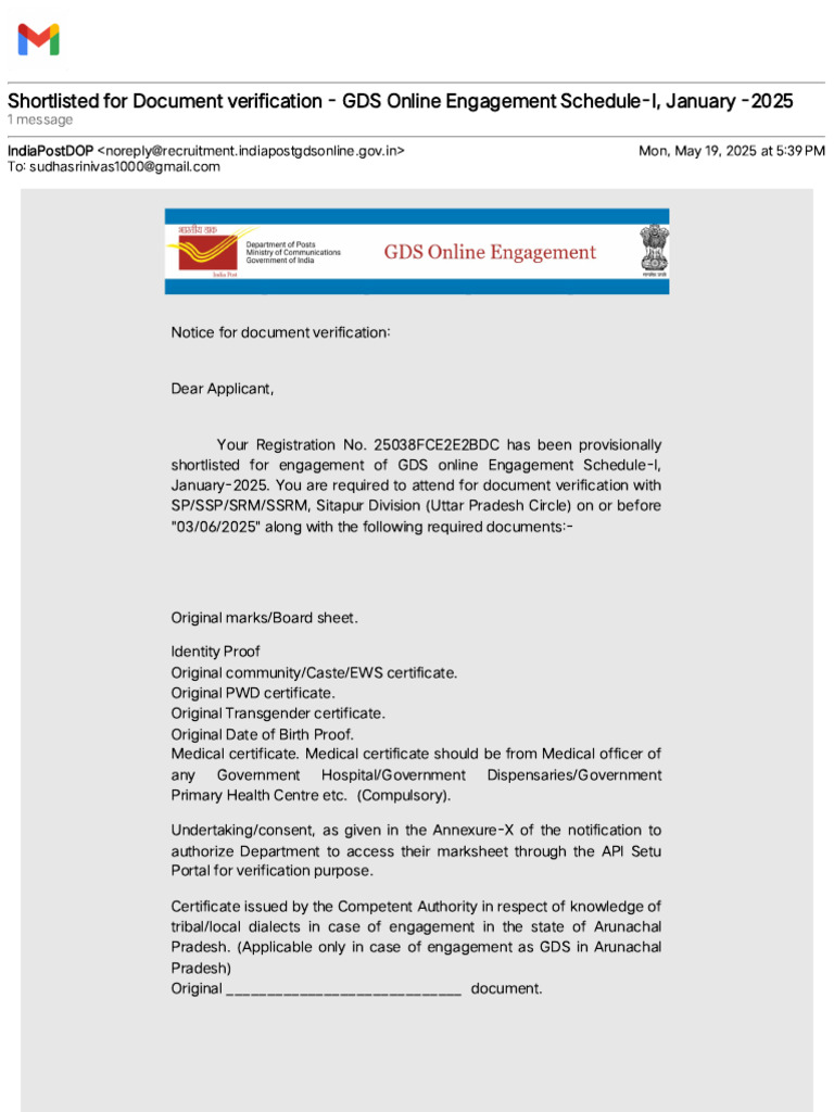 Gmail - Shortlisted For Document Verification - GDS Online Engagement ...