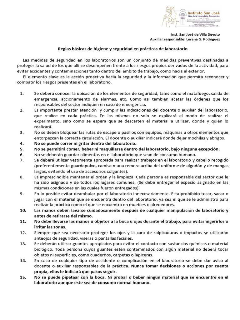 Reglas Básicas de Higiene y Seguridad en Prácticas de Laboratorio ...