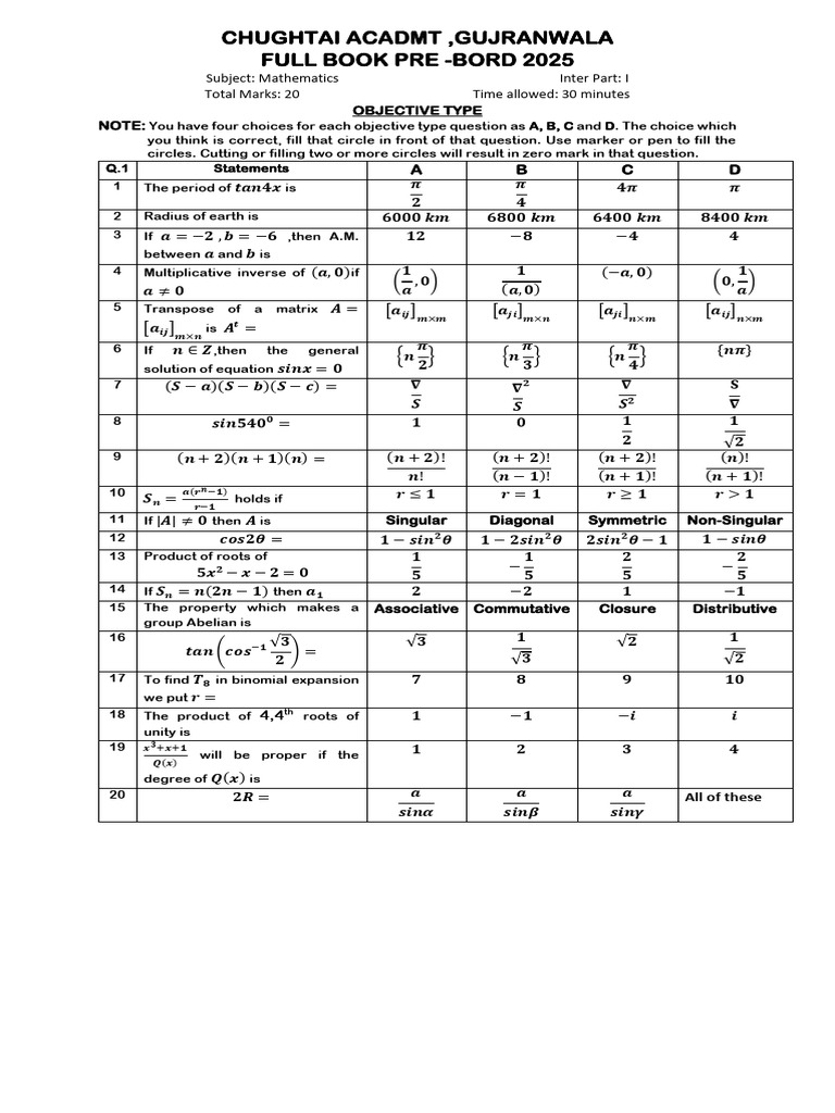 Math Part I 2025final Pre Board | PDF | Trigonometric Functions | Mathematical Concepts