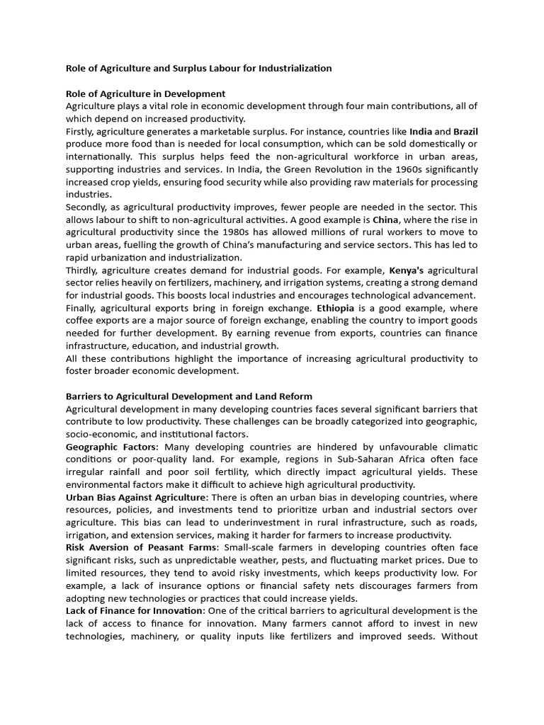 Role of Agriculture and Surplus Labour For Industrialization | PDF ...