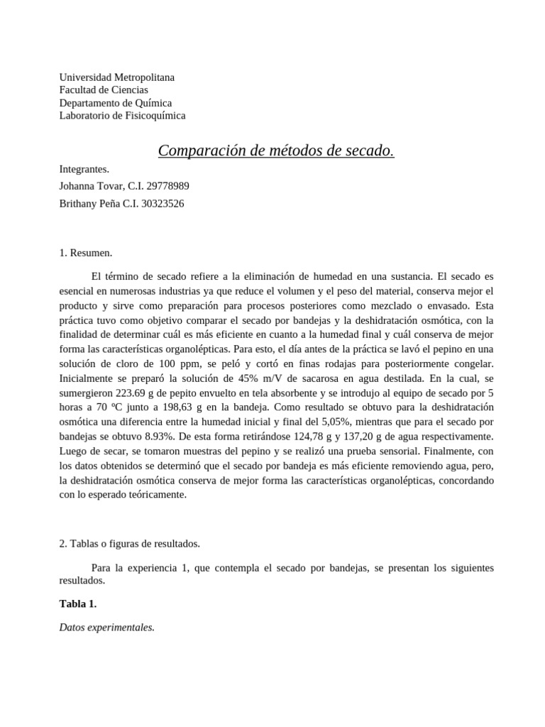 Practica Secado. Tovar y Peña. | PDF | Agua | Ósmosis