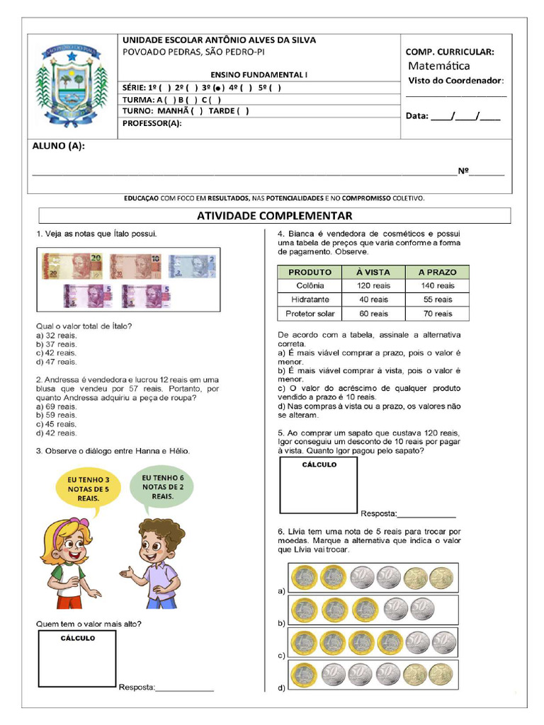 Atividade Matemática 3° Ano Fundamental | PDF