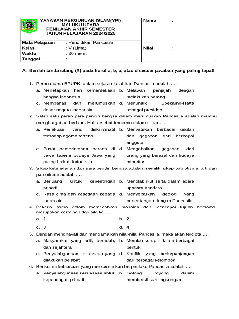 Soal Asas Ganjil Pend. Pancasila Kelas 5 | PDF