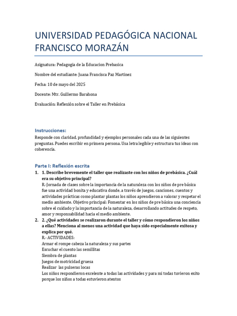 Examen_Reflexion_Taller_Prebasica Juana Paz | PDF | Maestros | Modificación de comportamiento