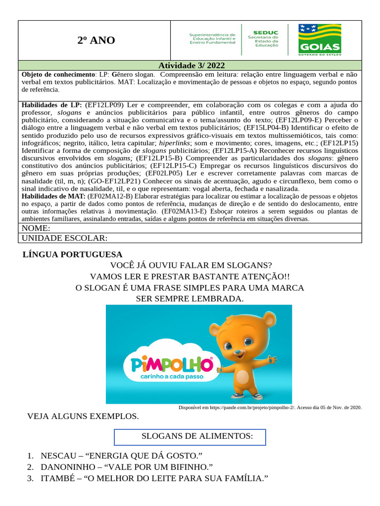 Atividades sobre Slogans para 2º Ano | PDF | Publicidade