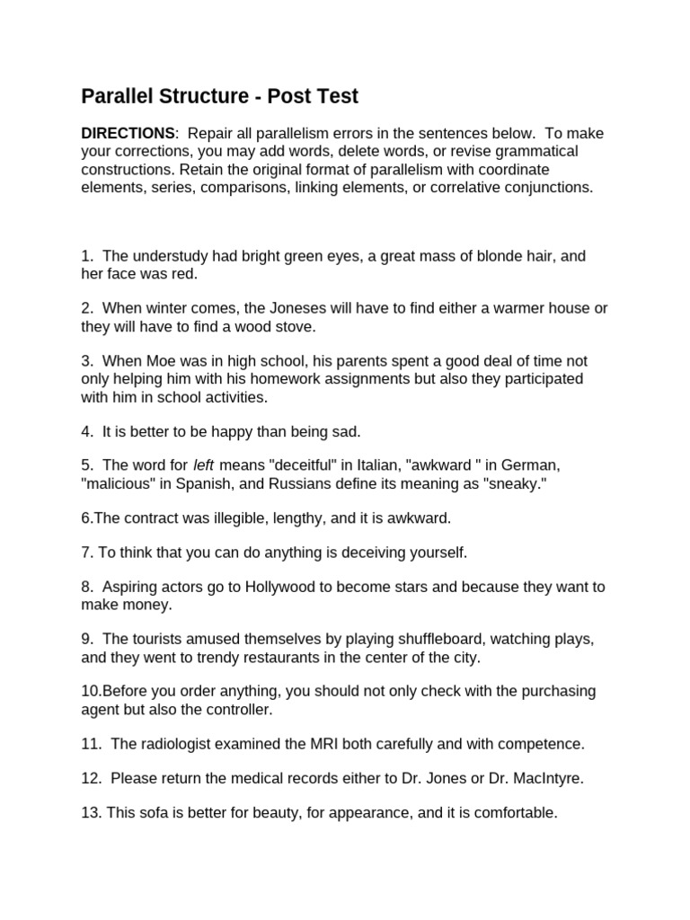Parallel Structure - Post Test | PDF