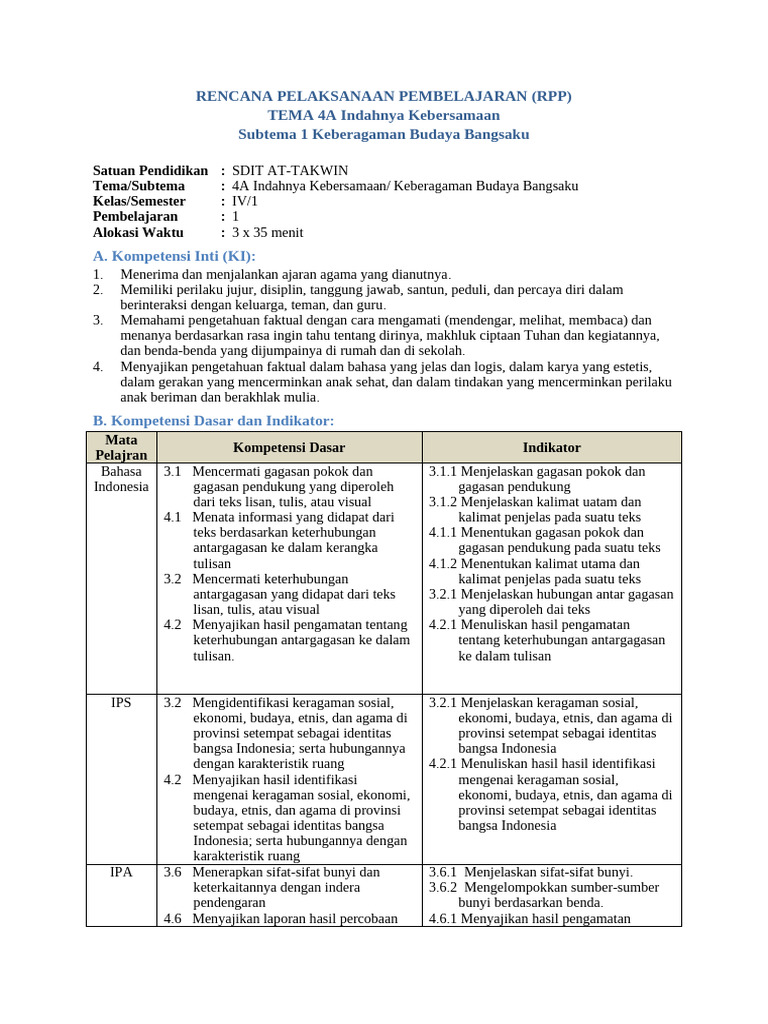 RPP (Tematik 4A Subtema 1) | PDF