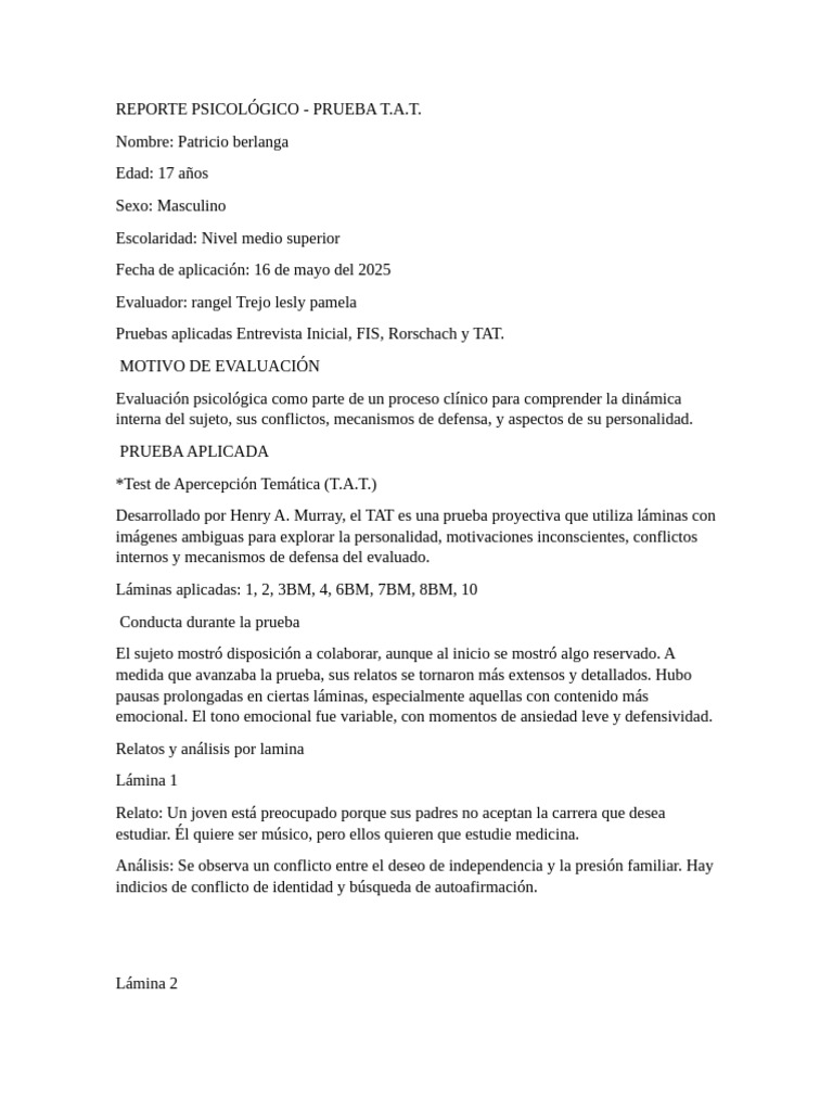 Reporte Psicológico (Tat) | PDF | Las emociones | Sicología