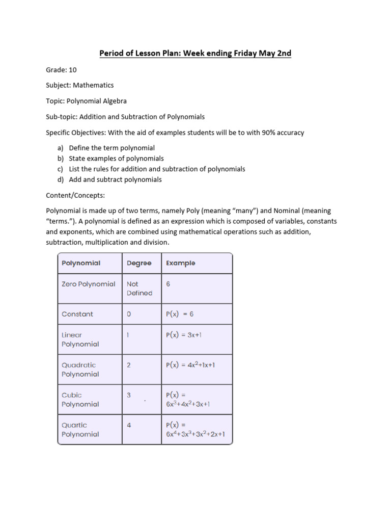 Period of Lesson Plan 3 Term | PDF | Polynomial | Multiplication