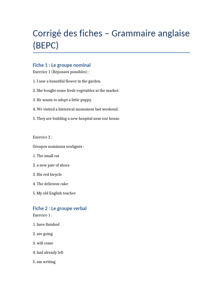 Corrige_Fiches_Grammaire_Anglais_BEPC | PDF | Linguistics | Grammar