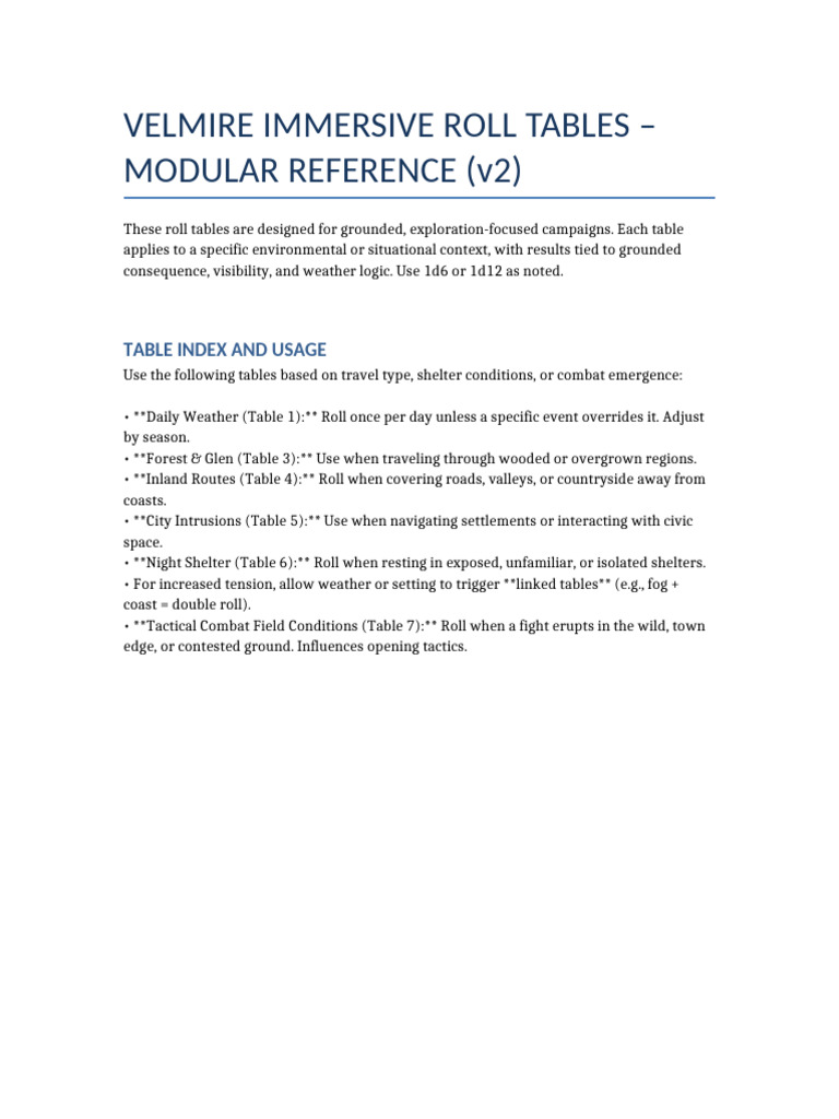 Velmire Immersive Roll Tables V2 Final | PDF