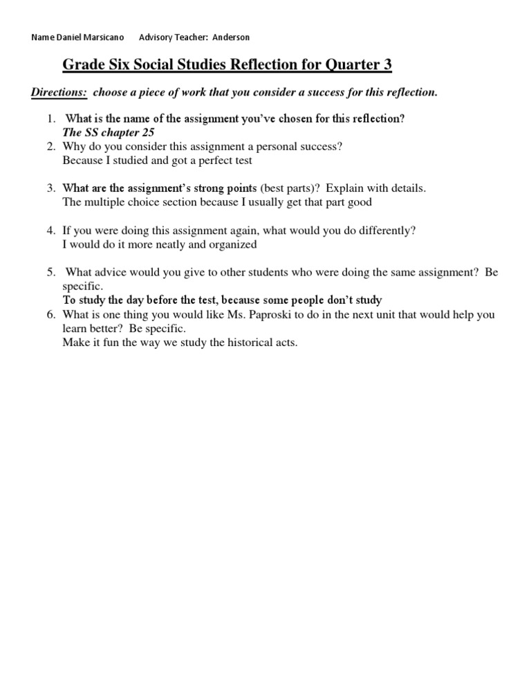 Grade 6 Social Studies Reflection Q3 | PDF | Learning | Behavior ...