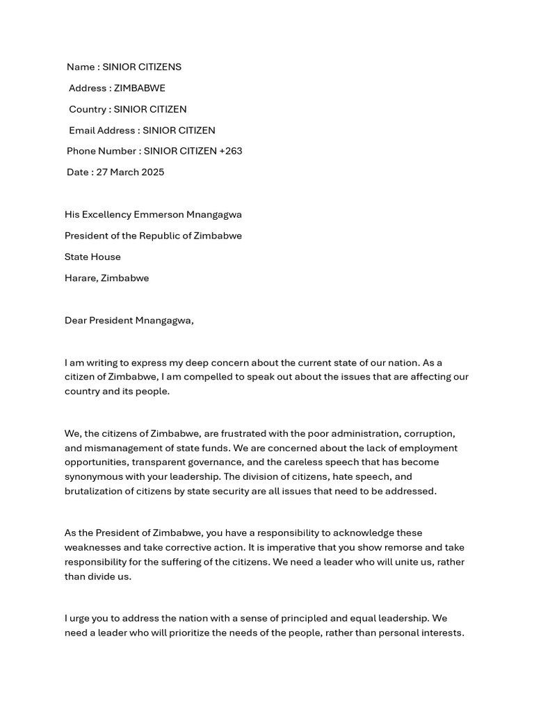 Letter To His Excellence ED Mnqngagwa | PDF