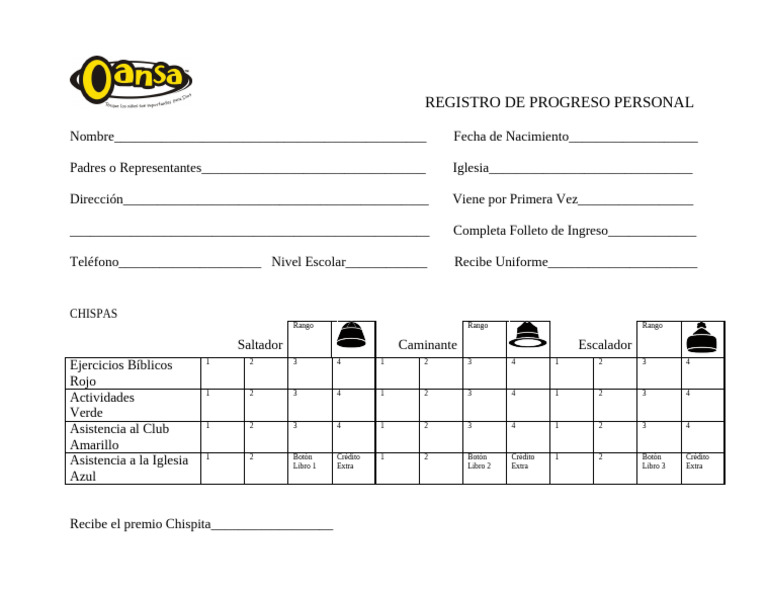 REGISTRO DE PROGRESO PERSONAL Chispas | PDF