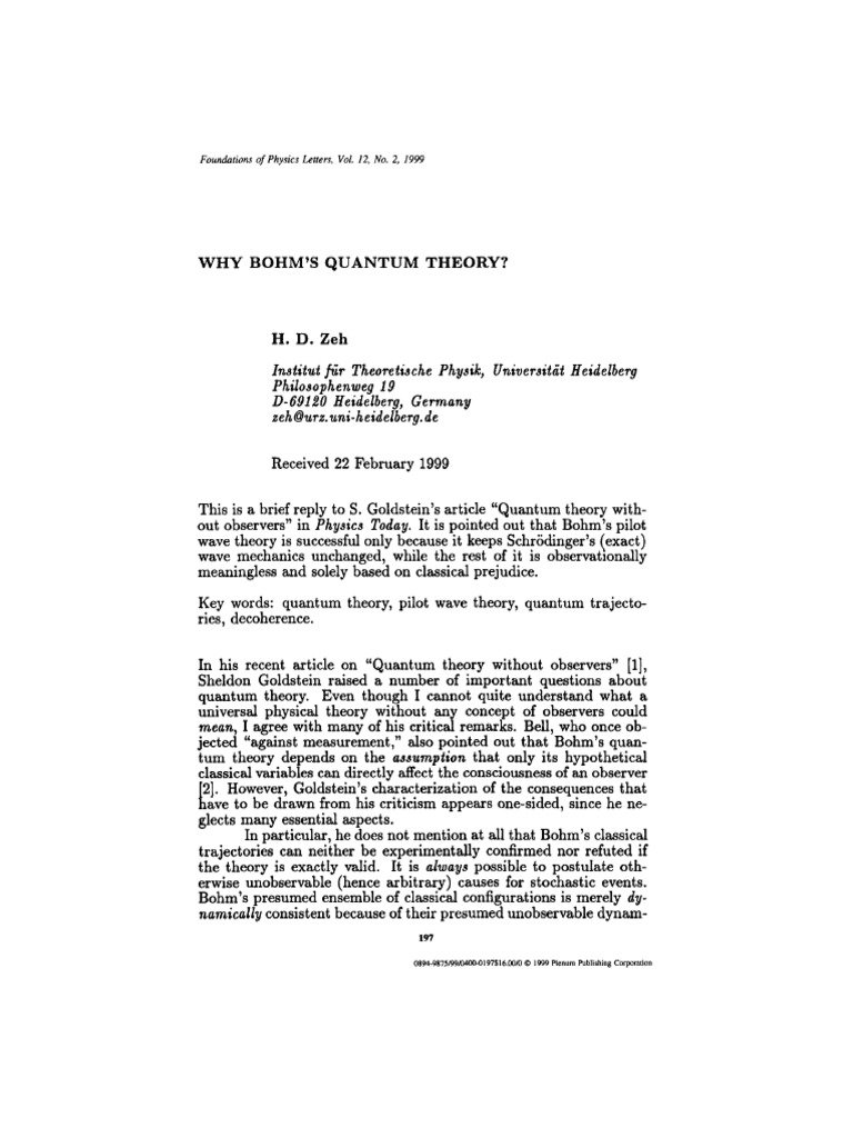 Zeh, Why Bohm's Quantum Theory | PDF | Wave Function | Quantum Entanglement