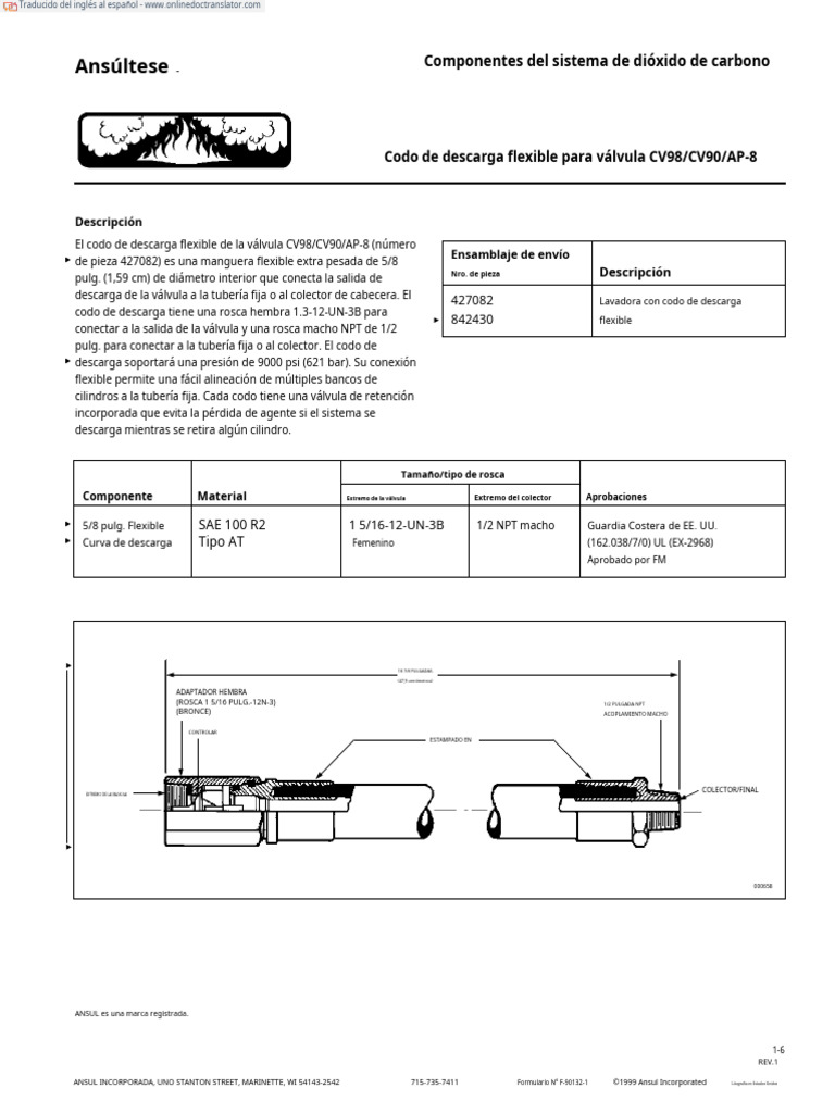 Ansul Flexible Discharge Bend CV98 CV90 AP 8 Valve 427082 Data Sheet ...