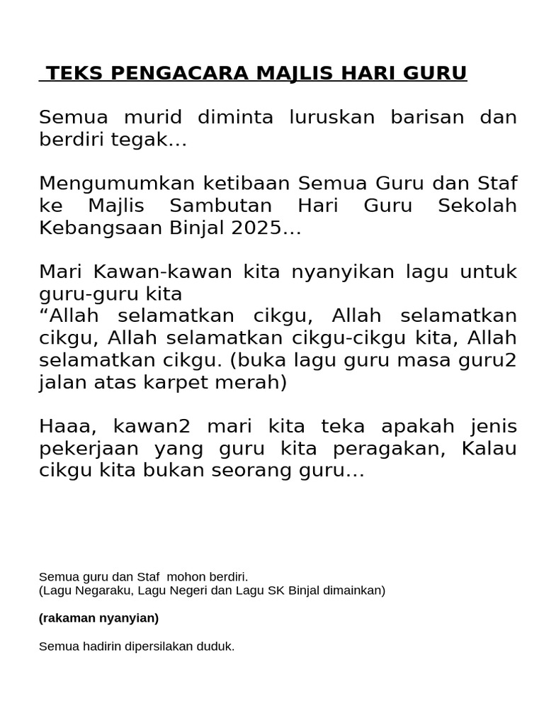 Teks Pengacara Majlis Hari Guru 2025 | PDF