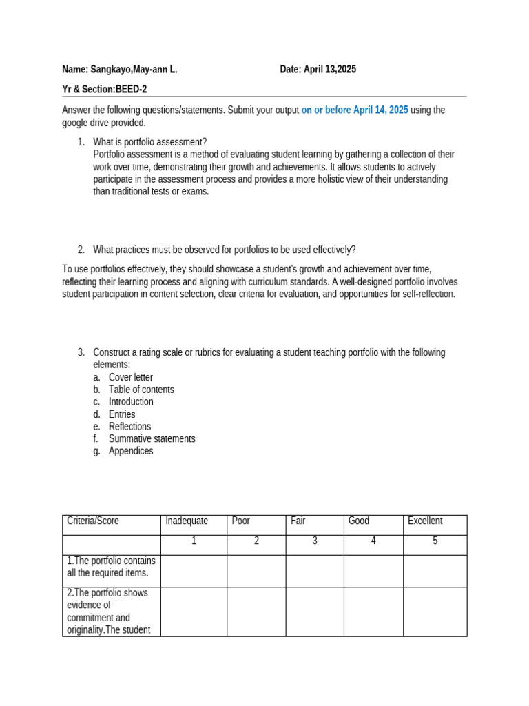 Portfolio-worksheet-May-ann | PDF | Educational Assessment | Education ...